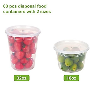 Moretoes 60 Mix Sets Plastic Deli Disposable Food Storage Containers With Airtight Lids, Heavy-Duty Microwaveable Airtight Container For Soups, Meal Prep, Leftovers, Sauces (2 Sizes, 16oz, 32oz)