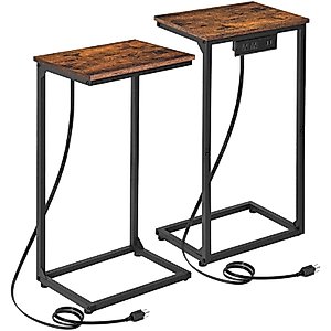 AMHANCIBLE Couch Table with Charging Station, Tv Trays Set of 2, C Shaped End Table for Sofa, C Table End Table for Living Room, Side Tables for Small Space, Bedroom, Metal Frame, Brown HET02BPBR