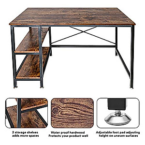 Industrial Style Tower Computer Desk with 3 Tier Shelves - 47.2'' Multi Level Writing Study Table with Bookshelves Modern Steel Frame Wood Desk Compact Home Office Workstation (Brown)
