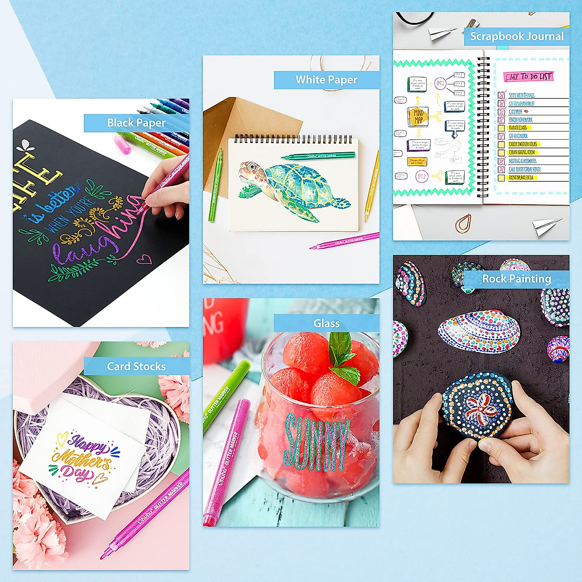 Ohuhu Glitter Markers Pen 12 Glitter Colors Metallic Marker Fine Point Tip Water-based Ink for Kids Adults DIY Crafts Greeting Birthday Cards Making Poster Album Scrapbooking Mugs Wood