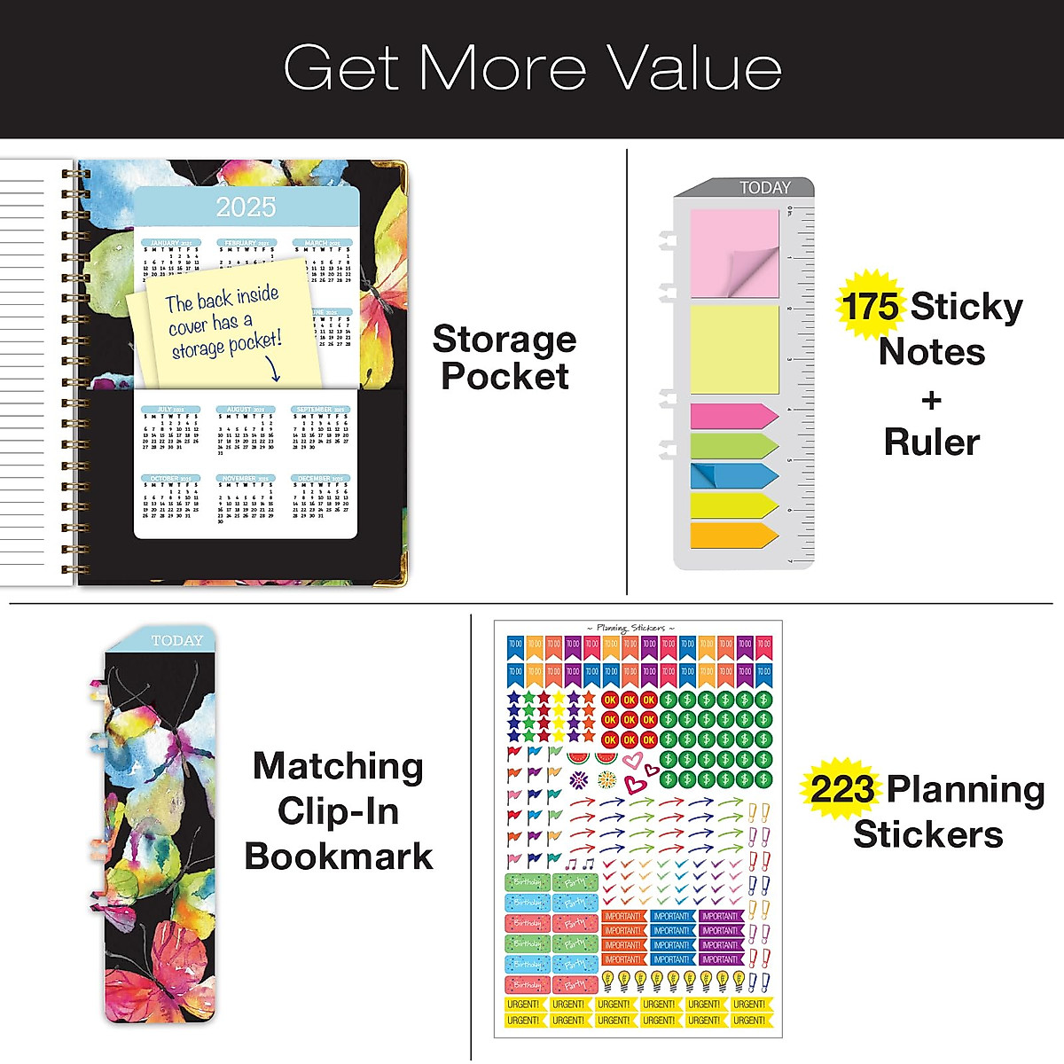 HARDCOVER 2024 Planner: (November 2023 Through December 2024) 8.5"x11" Daily Weekly Monthly Planner Yearly Agenda. Bookmark, Pocket Folder and Sticky Note Set (Black Watercolor Butterflies)