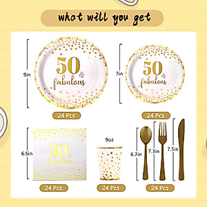 Gudvilla 50th Birthday Decorations for Men Women, 168Pcs 50th Birthday Plates and Napkins Party Supplies, 50 and Fabulous Birthday Plates with Gold Dot Serve 24 Guests, 50th Anniversary Decorations