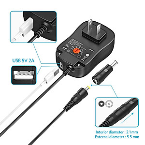 Belker 30W Universal 3V 4.5V 5V 6V 7.5V 9V 12V AC DC Adapter Power Supply for LED Light Strip Router Speaker Smart Phone Tablet CCTV IP Camera TV Box 0.5A 1A 1.5A 2A 2000mA Amp - with 5V 2A USB