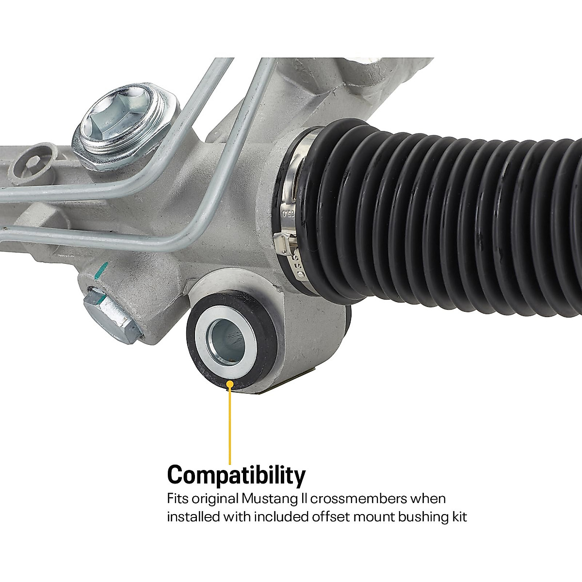 Mustang II Power Steering Rack & Pinion w/Offset Bushings, 82-88 T-bird Design, AN-6 Fittings, 3/4"-36 Spline Input, Compatible with Original & Aftermarket Crossmembers, 15:1 Ratio