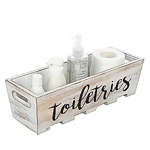 MyGift White Washed Solid Wood Toilet Tank Tray Bathroom Vanity Tray for Toiletries and Guest Towel Storage Organizer with Toiletries Cursive Writing Design