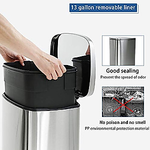 Stainless Steel Kitchen Trash Can with Soft Slow Lid Pedal Step 13 Gallon / 50 Liter Garbage Can Removable Plastic Inner Bucket Trash Bin for Bathroom Kitchen and Office Large Trash Bin,Silver