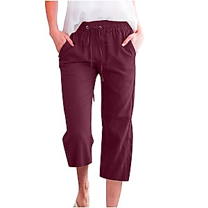 SMIDOW Beach Pants for Women Women Solid Cotton Linen Capri Pants Drawstring Elastic Waist Cropped Pants with Pockets Summer Casual Comfy Wine XL