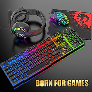 Wired Gaming Keyboard and Mouse Headset Combo,Rainbow LED Backlit Wired Keyboard,Over Ear Headphone with Mic,Rainbow Backlit Gaming Mice,Mouse Pad,for PC,Laptop,Mac,PS4,Xbox(Black)