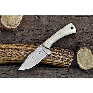 Knives Ranch Fixed Blade Hunting Knife - Full Tang EDC Knife - Damascus Skinning Knife - Bone Handle and Heavy Duty Horizontal Carry Sheath Snug Fit (4402-B)
