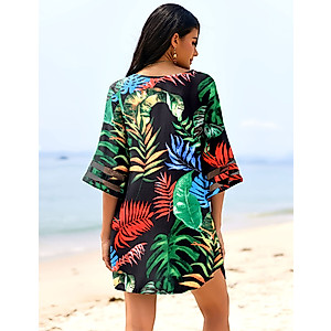 Ekouaer Women's Beach Coverups 3/4 Mesh Sleeve Bathing Suit Cover Ups Hawaiian Print Beach Dress Loose Fit Swimwear Beach Dress