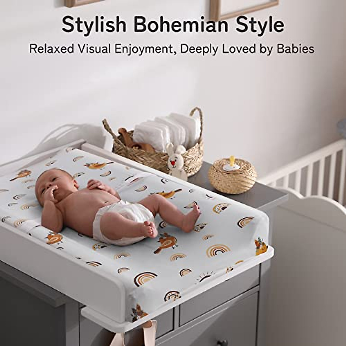 Besrey Changing Pad Cover, Baby Premium Diaper Changing, Ultra-Soft Stretchy Jersey Knit Cotton, Breathable Cradle Sung Sheet Set for Boys & Girls, 2 Pack, Fit 32"/34"x16"Pad(Boho Rainbow Birds)