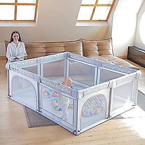 ANGELBLISS Baby Playpen, Large Baby Playard, Play Pens for Babies and Toddlers with Gate, Indoor & Outdoor Play Area for Infants, Kids Safety Play Yard with Star Print (Grey, 63"×47")