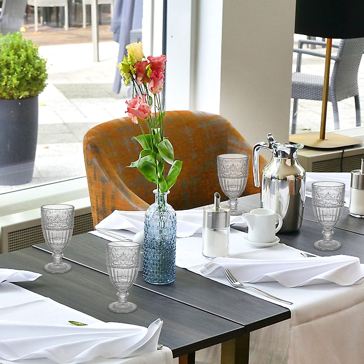 AVLA 6 Pack Glass Goblet, 12 OZ Vintage Wine Glassware, Romantic Wedding Glass Set, Drinking Stemware Beverage Cups for Party, Bar, Champagne, Juice, Beer, Cocktail, Embossed Design