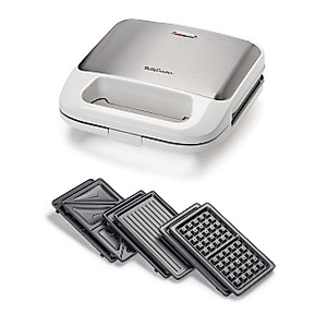 Betty Crocker 3-in-1 Indoor Grill, Sandwich/Panini Press & Waffle Maker Plus, Electric Grill Indoor with Interchangeable Non-Stick Plates, 750 Watts, BC-4965W, White