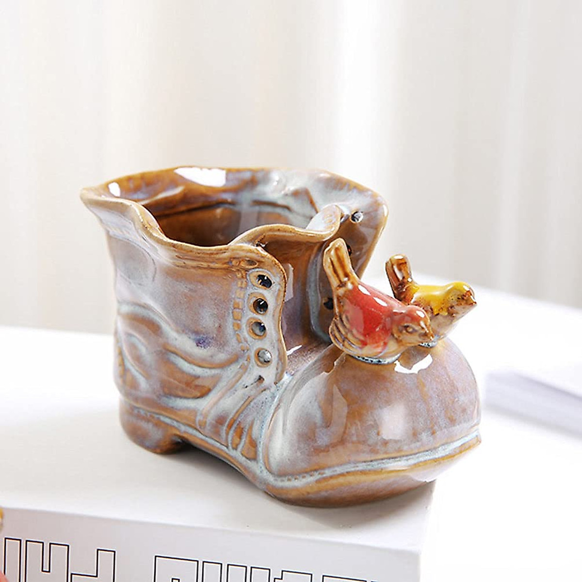Ceramic Boot Planter Plant Pot Vase Planter with Bird Figurines Bonsai Pot Flower Pot Succulent Planter Multi Pot(Color Random)