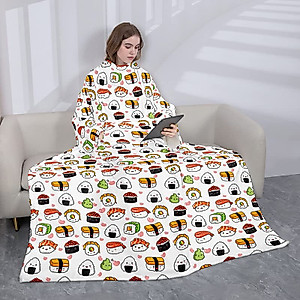 Cute Sushi Print Wearable Fleece Blanket with Sleeves for Adult Kids Women Men, Japanese Food Micro Plush Comfy Wrap Sleeved Throw Blanket, Kawaii Soft Plush Throw Blanket with Sleeves, 50"x70"