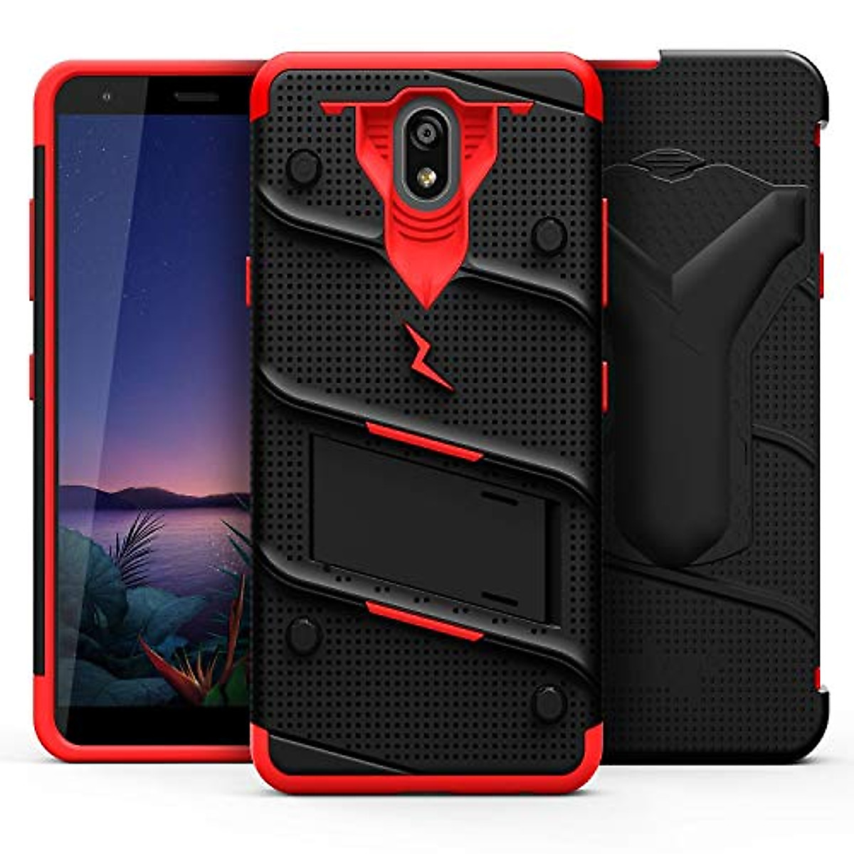 ZIZO Bolt Series for LG Escape Plus Case | Heavy-Duty Military-Grade Drop Protection w/ Kickstand Included Belt Clip Holster Tempered Glass Lanyard (Black/Red)