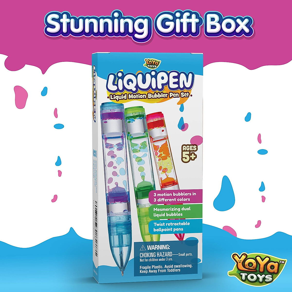 YoYa Toys Liquipen - Liquid Motion Bubbler Pens Sensory Toy (3 Pack) - Writes Like a Regular Pen - Colorful Liquid Timer Pens Great for Stress and Anxiety Relief - Cool Fidget Toys for Kids and Adults