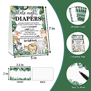 Late Night Diapers Sign, Safari Note Cards Diaper Thoughts, Late Night Diaper Baby Shower Game Set(1 Standing Sign + 20 Blank Greeting Cards), Jungle Baby Shower Party Favor Decor - A03