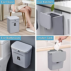 Hanging Small Trash Can with Lid for Counter Top or Under Sink, 2.4 Gallon Kitchen Compost Bin Garbage Can for Cupboard/Bathroom/Bedroom/Office/Camping, Waste Basket (Grey)