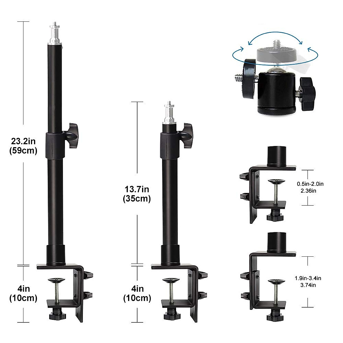 Desk Mount Stand, 2 Pack DSLR Camera Desk Mount C Clamp Light Stand, 13.7" ~23.2" Photographic Light Boom Stand with 360° Ball Head for Camera, Ring Light, Video Light, Video Conference Light
