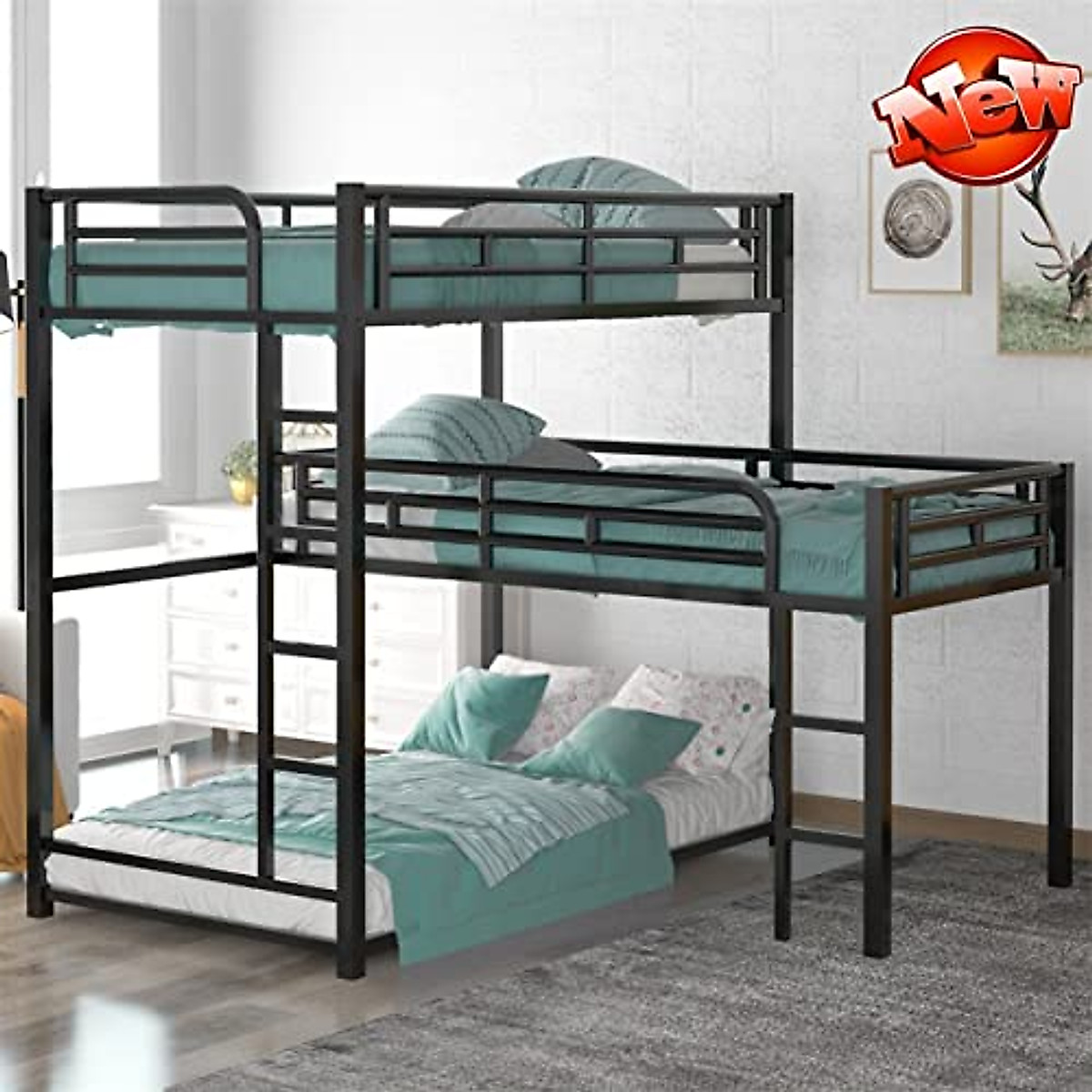 SNIFIT Latest Upgraded & Stronger Steel Metal L Shape Triple Bunk Bed Twin Over Twin Over Twin, Thicken Reinforced Twin Triple Bunk Bed Frame L Shaped for 3 with Safer Ladder, Black (Easier Assembly)