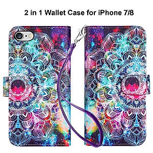 Vofolen 2-in-1 Case for iPhone 8 case iPhone 7 SE 2020 Wallet Card Holder Slot Detachable Strap Protective Slim Hard Shell Magnetic PU Leather Folio Pocket Flip Cover for iPhone 7 8 SE2 Mandala Purple