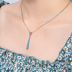 CiNily Blue Opal Pendant Necklace for Women 14K White Gold Plated Long Disc Pendant Ladies Fashion Gemstone Jewelry
