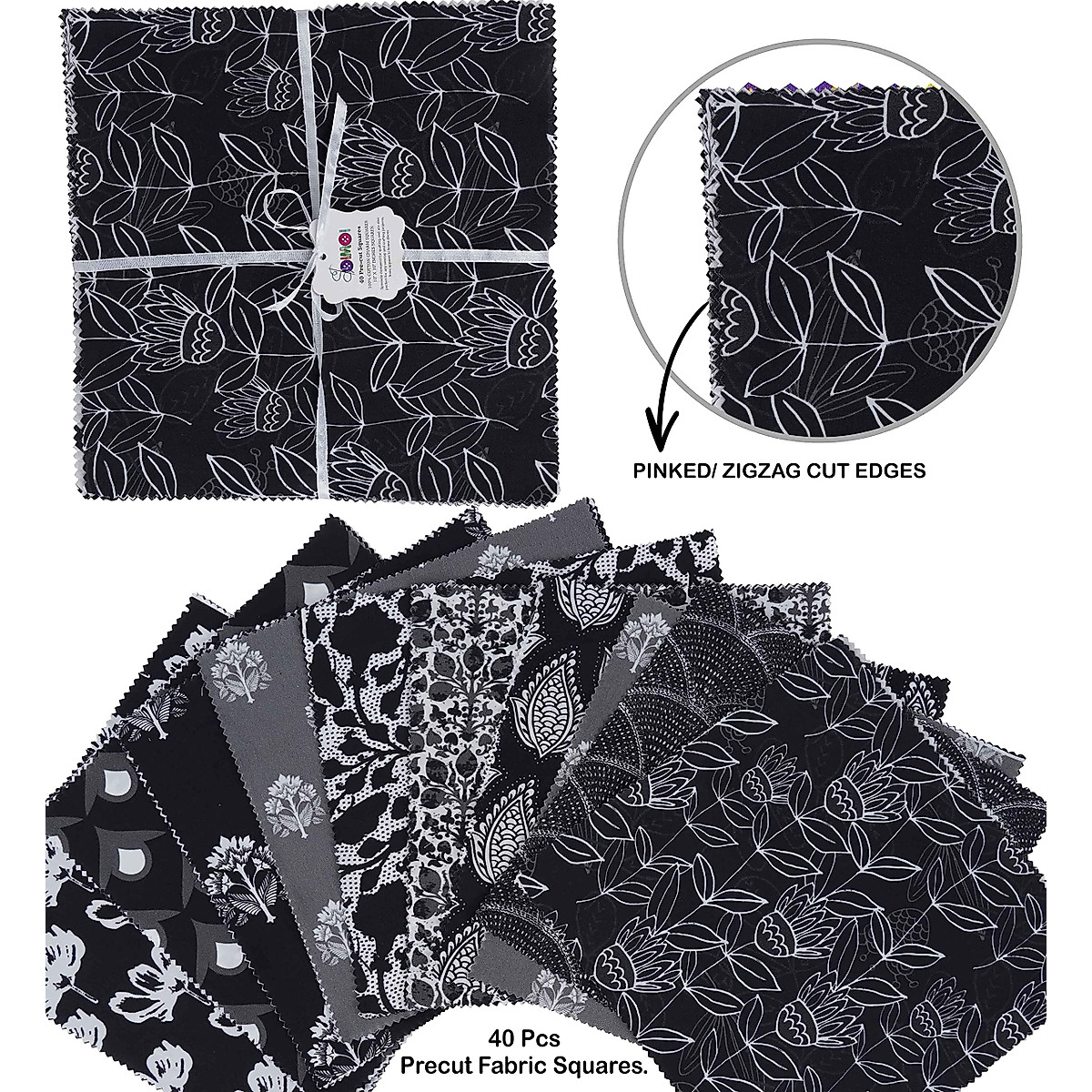 Soimoi Precut 10-inch Block Prints Cotton Fabric Bundle Quilting Squares Charm Pack DIY Patchwork Sewing Craft- Black & Gray