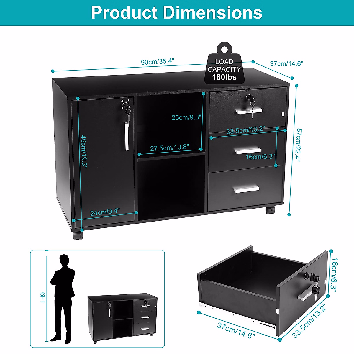 ZIAERKOR Mobile File Cabinet with Lock, Lateral File Cabinets with 3 Drawer Office Filing Cabinet Home Office Organization and storageCabinet Printer Stand with Open Storage for Home Office, Black