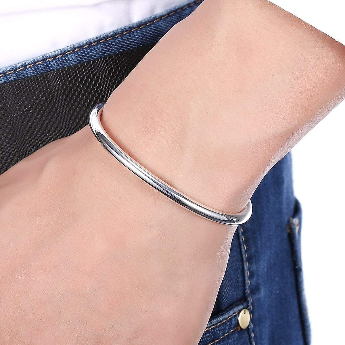 Denchy 925 Silver Bangle Bracelet, Fashion Jewelry Simple Cuff Bangles for Women Mom Wife Valentine Mothers day Gift (2pcs)