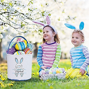 Molikyla Personalized Easter Basket Custom with Name for Boys Girls Kids Customized Easter Gifts Canvas Cotton Buckets, Blue, one size