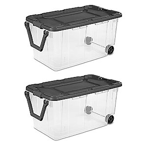 Sterilite 160 Quart Plastic Stacker Box, Lidded Storage Bin Container for Home and Garage Organizing, Shoes, Tools, Clear Base & Gray Lid, 2-Pack
