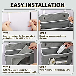 FYY Over the Door Organizer, 4-Shelf Wall Mount Hanging Pantry Storage Pocket with Clear Window for Bedroom Bathroom Kitchen Nursery Closet Dorm Storage Cosmetics, Stationery, Sundries, Toys Grey