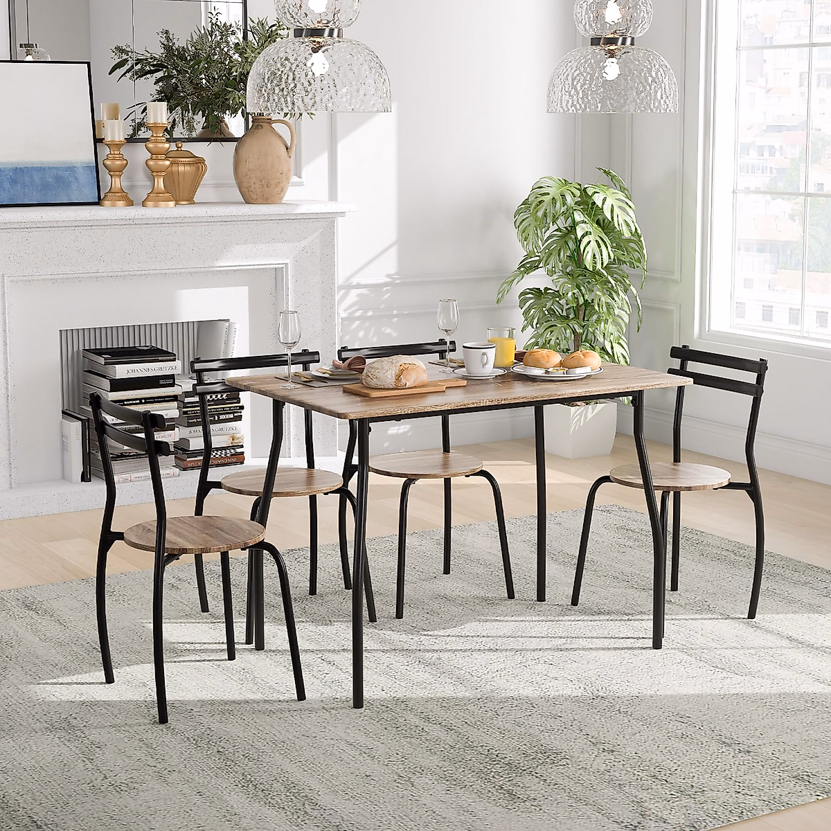 Giantex 5-Piece Dining Table Set, Modern Rectangular Dining Table & 4 Armless Chairs with Metal Frame, Kitchen Dining Room Furniture Set for 4, Space-Saving Dinette Set for Breakfast Nook, Natural