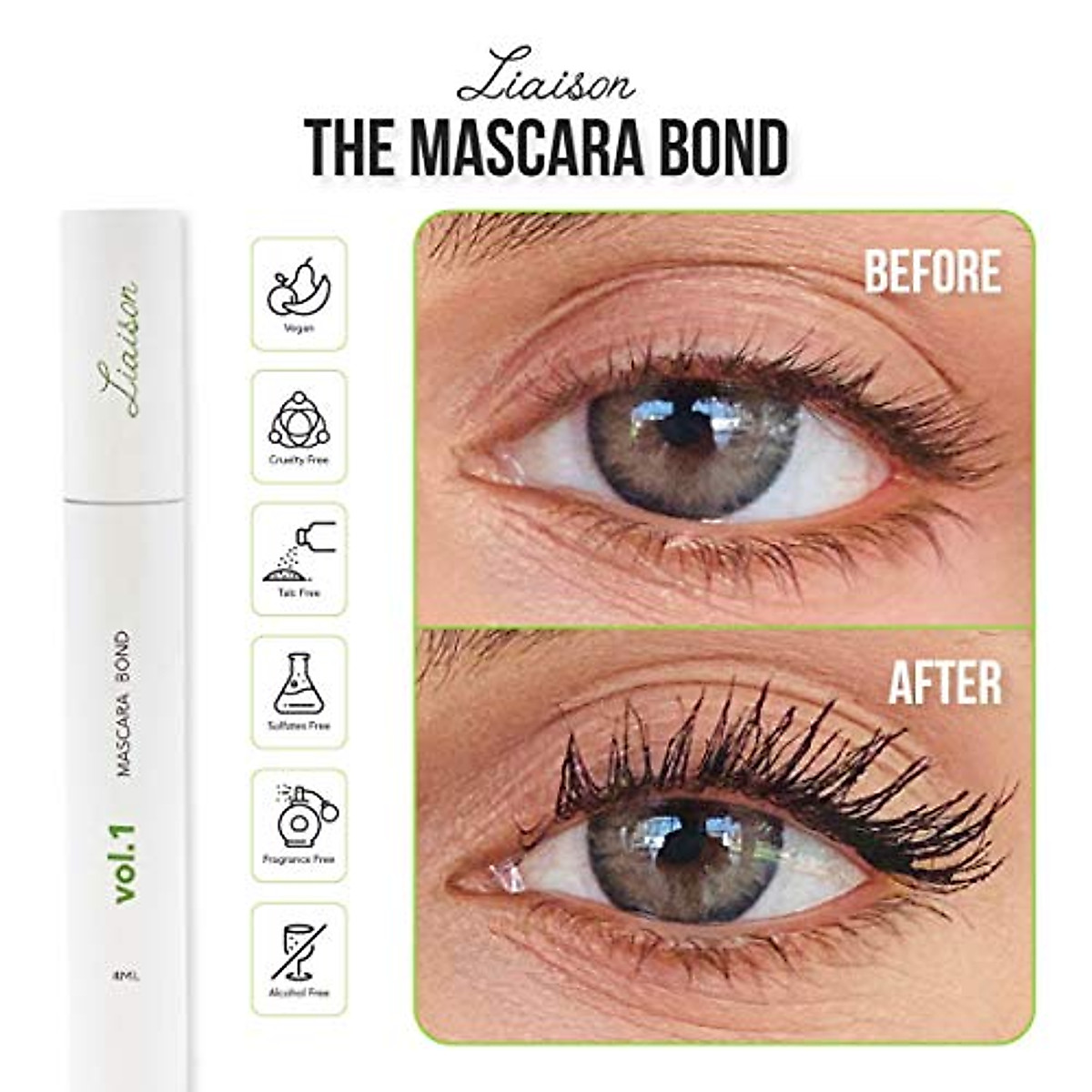 Liaison Mascara Bond - Peptide Growth Complex - Volumizing, Buildable, Lengthening, Defining, Curling, Multiplying - No Glue - Flake-Free - Vegan, Cruelty Free, Paraben Free & Talc Free