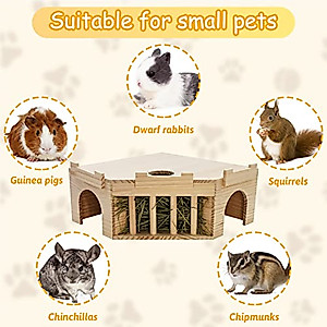 Fhiny Guinea Pig Wooden Castle with Hay Holder, Ventilated Chinchilla Hideout with Feeding Bowl Ladder, Small Animal Multi Chamber Hideaway for Young Guinea Pigs Chinchillas Hedgehogs