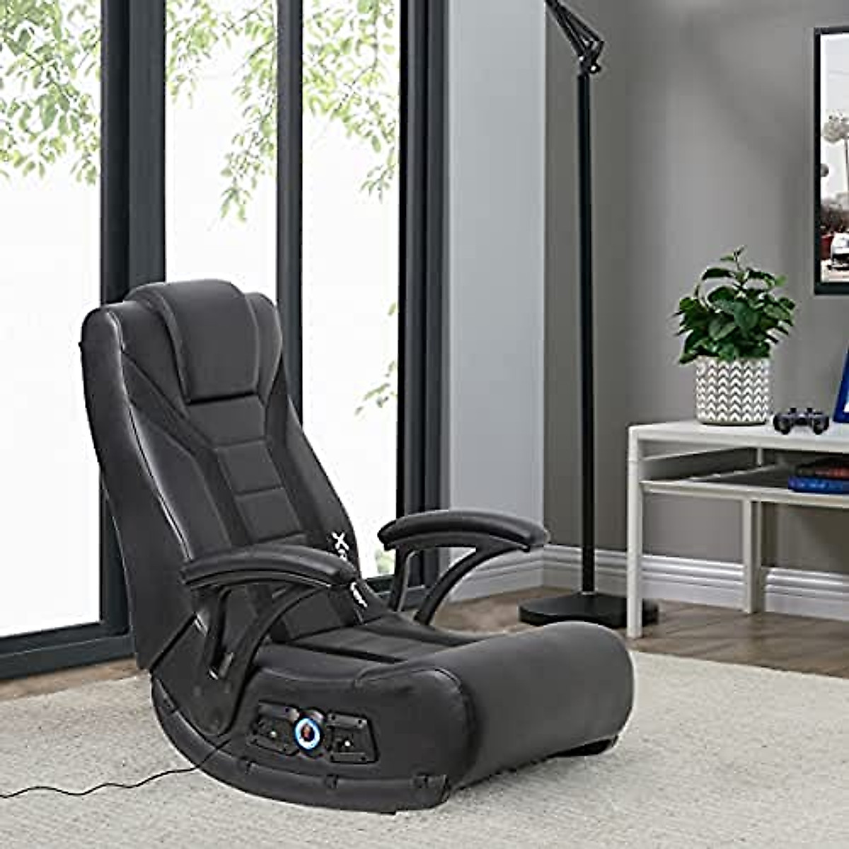X Rocker Jynx Floor Gaming Chair, Headrest Mounted Speakers, 2.1 Bluetooth Audio System, Wireless, Recliner with Padded Armrest, 5111601, 37.01" x 22.83" x 34.65", Black