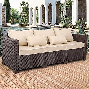 Outdoor Patio Furniture Outdoor Couch 3 Seater Sofa Outdoor Brown Wicker Sofa Deep Seat High Backrest Patio Couch with Anti-Slip Cushions and Waterproof Cover, Khaki