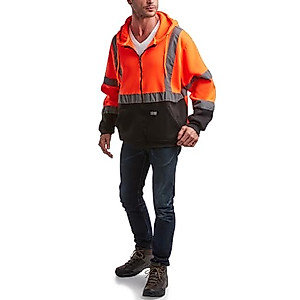 Bass Creek Outfitters Men's Fleece Zip Up Hoodie Sweatshirt - ANSI/ISEA Class 3 High Visibility Safety Workwear (M-2XL), Size X-Large, High Vis Orange