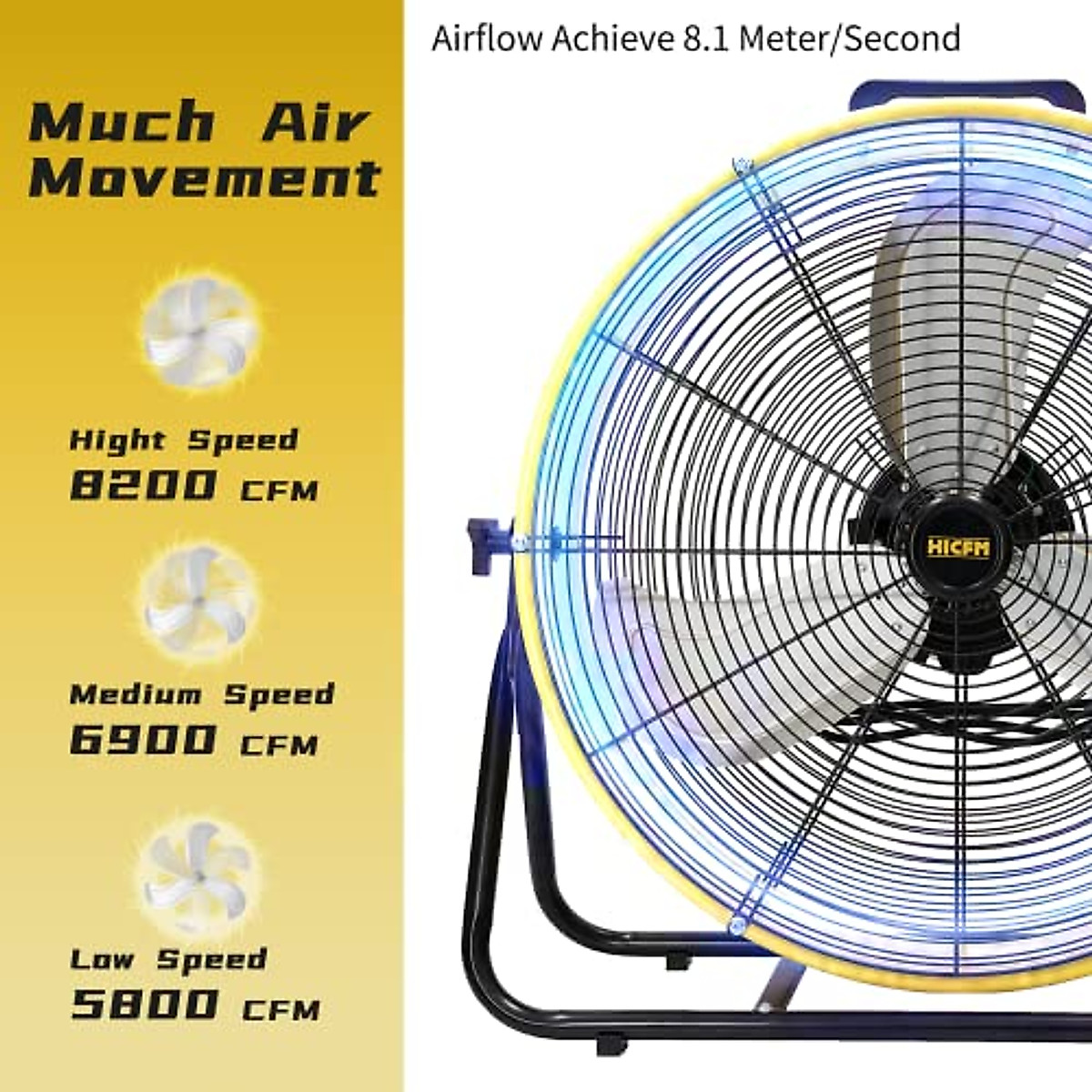 HiCFM 8200 CFM 24 inch Portable High Velocity Drum Fan With Powerful 1/3 HP Motor, Turbo Blade, 3 Speed Low Noise Design and 9ft Power Cord for Air Circulation, Convenience - UL Listed