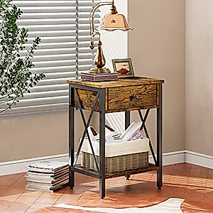 Vongrasig Nightstand with Wooden Drawer and Storage Shelf, Narrow Side Table for Small Spaces with Industrial Steel Frame, Modern Bedside End Tables with Drawer for Bedroom, Living Room, Rustic Brown
