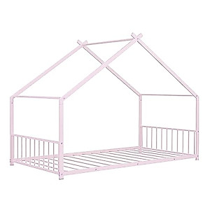 SIYSNKSI Twin Size House Bed, Metal Floor Bed Frame with Roof and Sturdy Slat Support, Platform Bed for Kids Teens Girls Boys Bedroom Furniture, No Box Spring Needed (Pink+ Metal-C35)