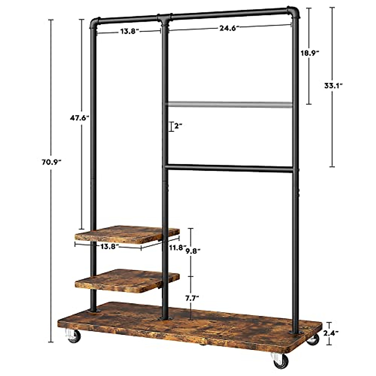 Raybee Clothes Rack Heavy Duty Clothing Rack, 400LBS Rolling Garment Rack with Shelves, Industrial Clothing Rack with Shelves, Portable Adjustable Clothes Rack for Hanging Clothes, Rustic Brown