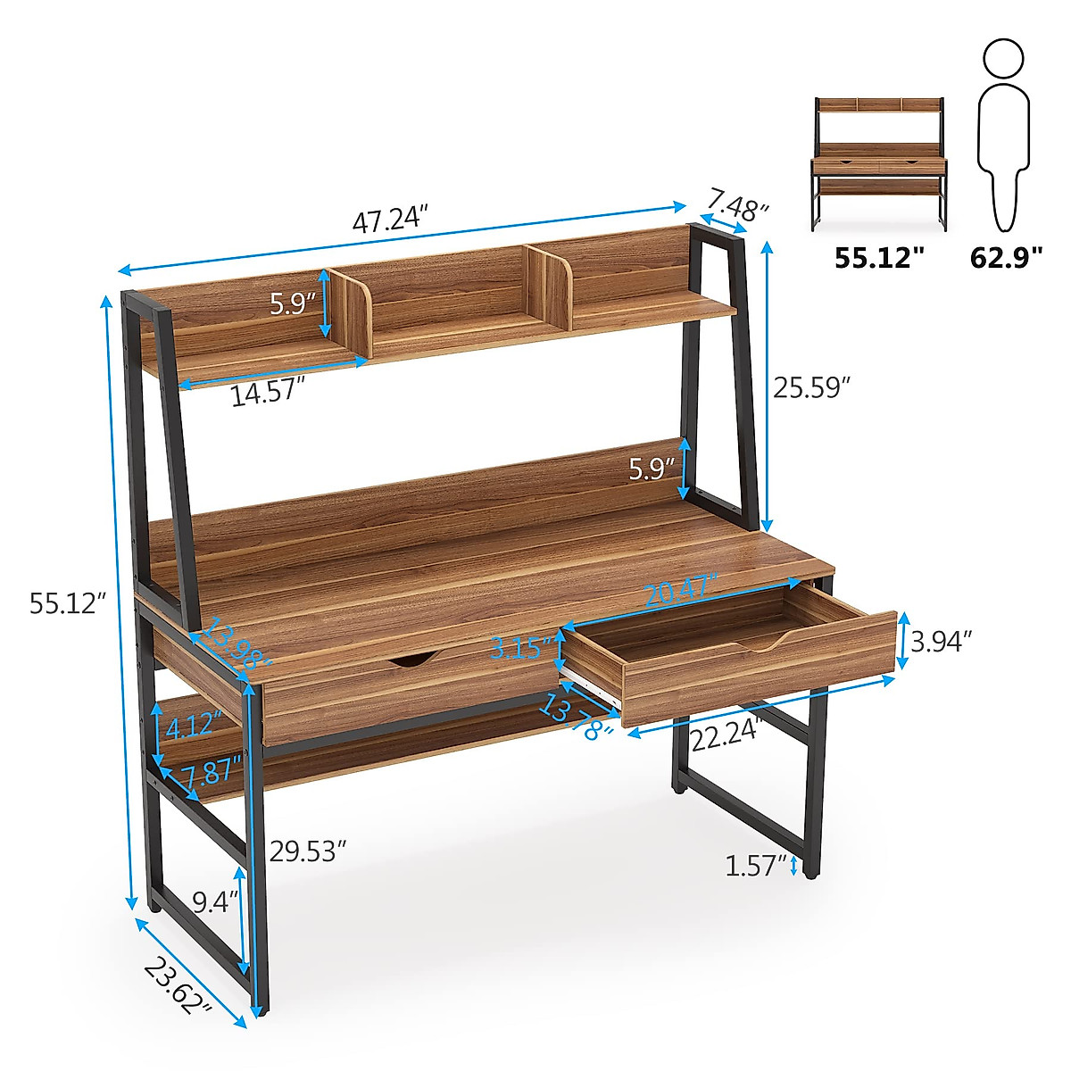 Tribesigns Large Computer Desk with Bookshelf and Drawers, Writing Desk Gaming Gamer Table with Storage and Hutch, 47 “Wood and Metal Craft Table for Home Office