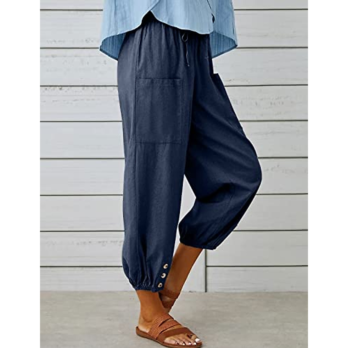 Acesulu Summer Linen High Waist Yoga Pants Drawstring Wide Leg Cropped Pants Trousers with Pockets for Women (0099-NavyBlue-XL)