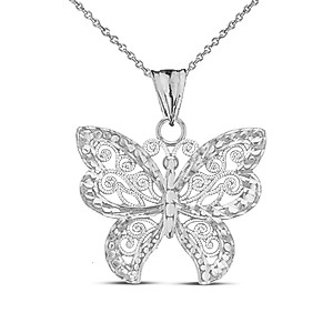 Elegant Sterling Silver Filigree & Sparkle-Cut Butterfly Charm Pendant Necklace, 18"