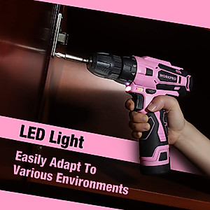 WORKPRO 12V Pink Cordless Drill Driver and Home Tool Kit, Hand Tool Set for DIY, Home Maintenance, 14-inch Storage Bag Included - Pink Ribbon