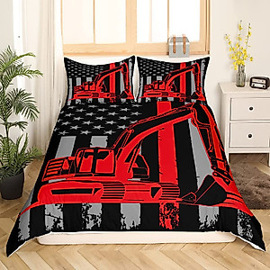 Feelyou American Flag Excavator Duvet Cover Cartoon Excavator Comforter Cover Red Construction Site Car Bedding Set for Kids US Flag Vehicle Truck Cars Bedspread Cover Twin Size Zipper (No Comforter)