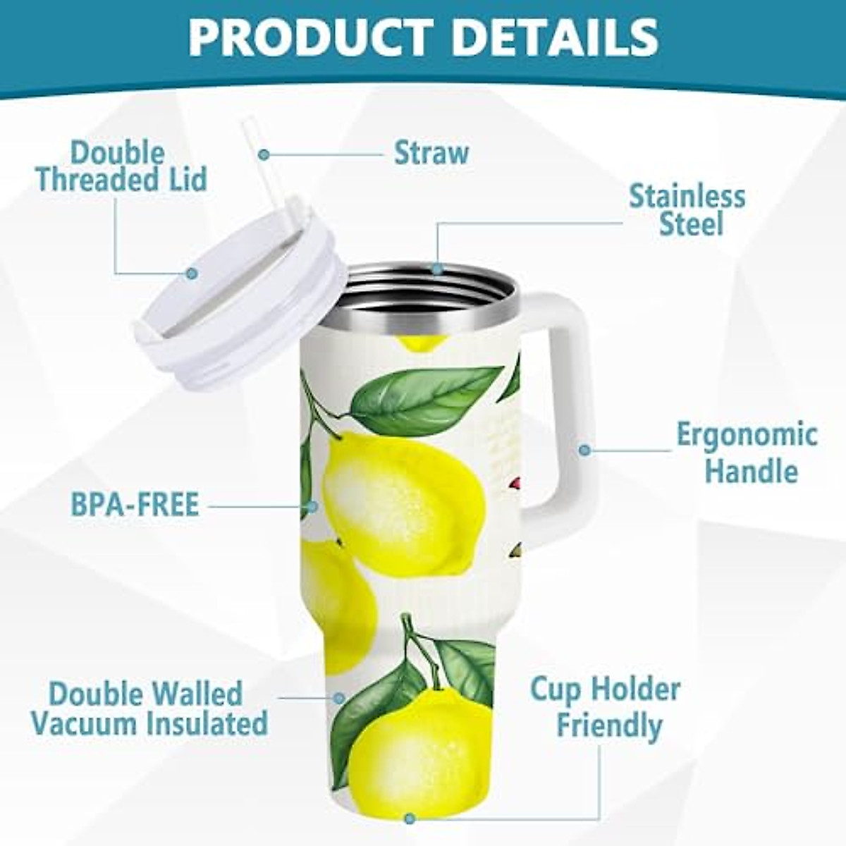 RPLIFE Juicy Lemons Butterfly White Stainless Steel Cup, Insulated Cup with Straw, Coffee Tumbler for Women